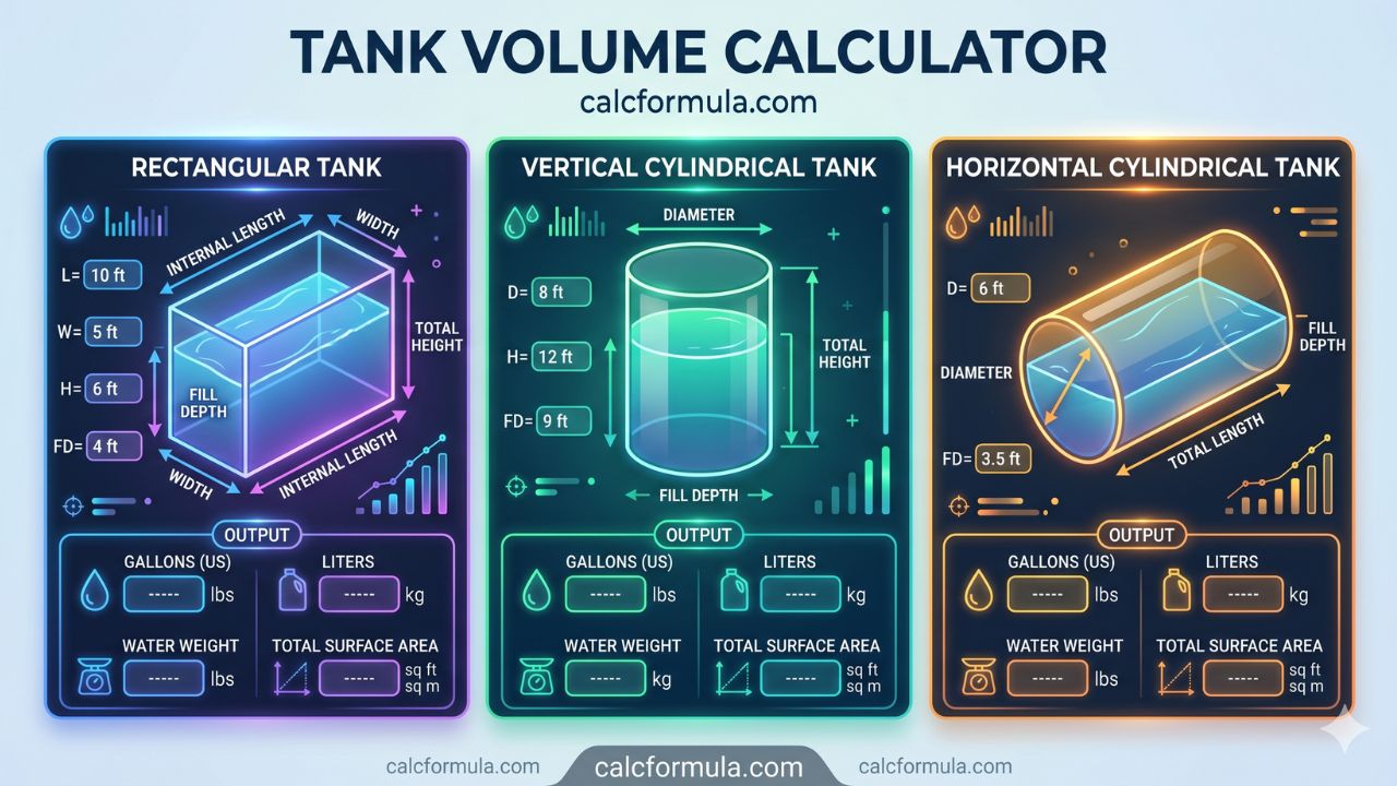 Tank Volume Calculator – Gallons, Liters & Weight